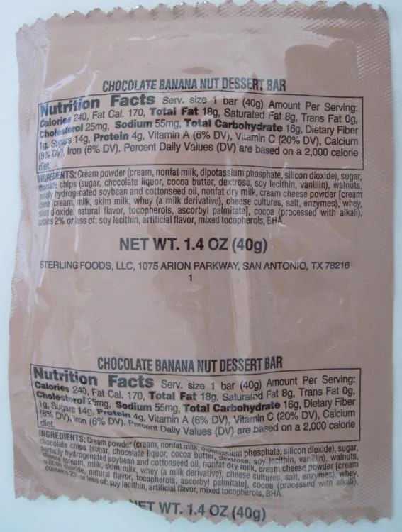 USA MRE Chocolate Banana Nut Dessert Bar - Outdoor Store